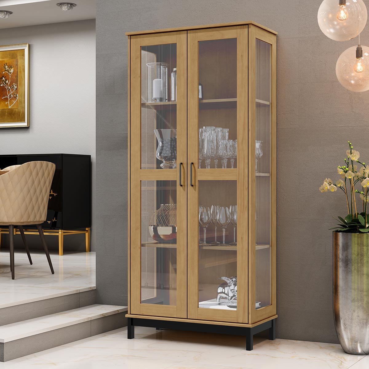 Armário Cristaleira Linha Madri Roble/Preto 2 Portas Vidro Liso Incolor ...