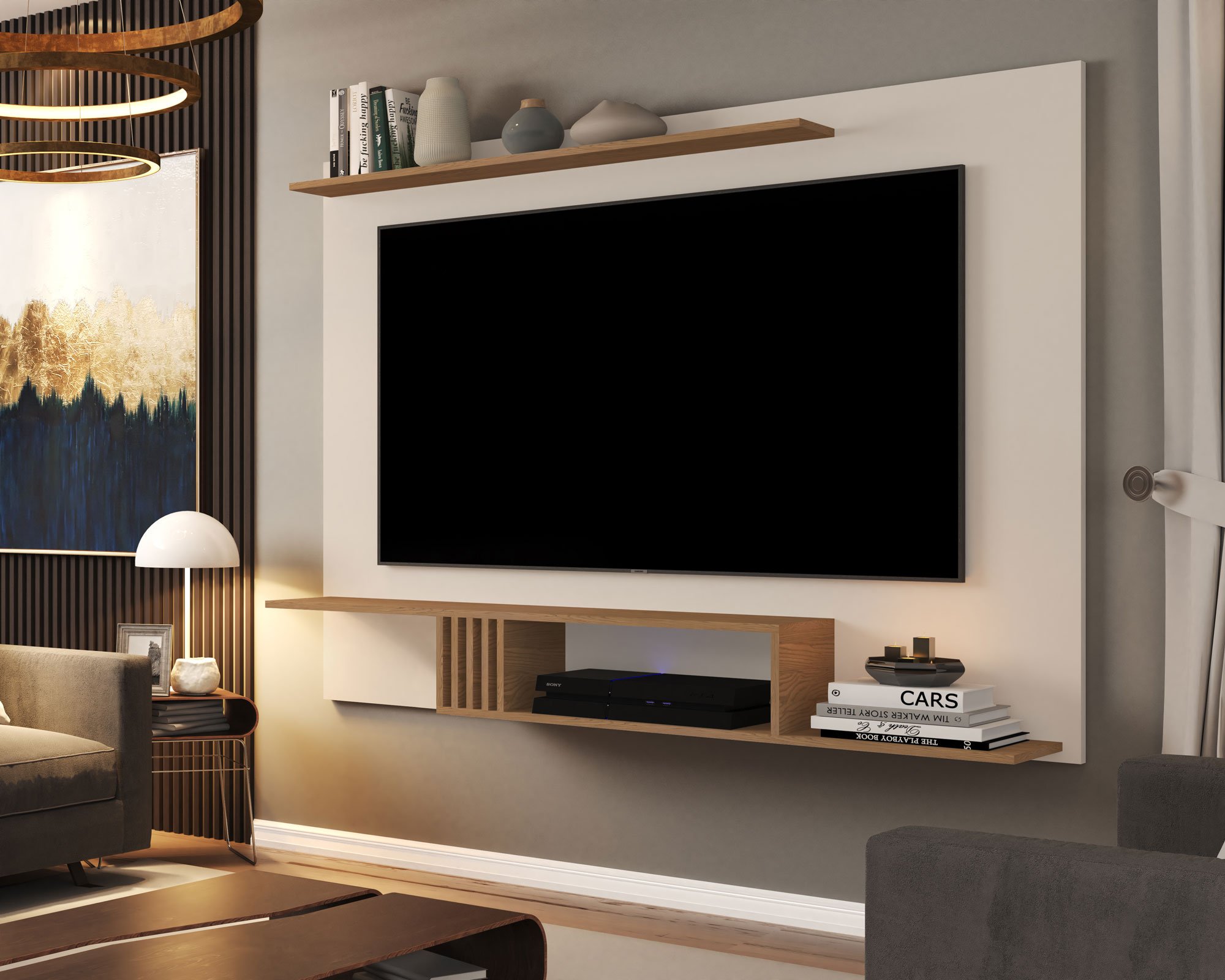 Painel Luxo para TV até 55 Polegadas com 3 Nicho Off White/Freijó | MadeiraMadeira