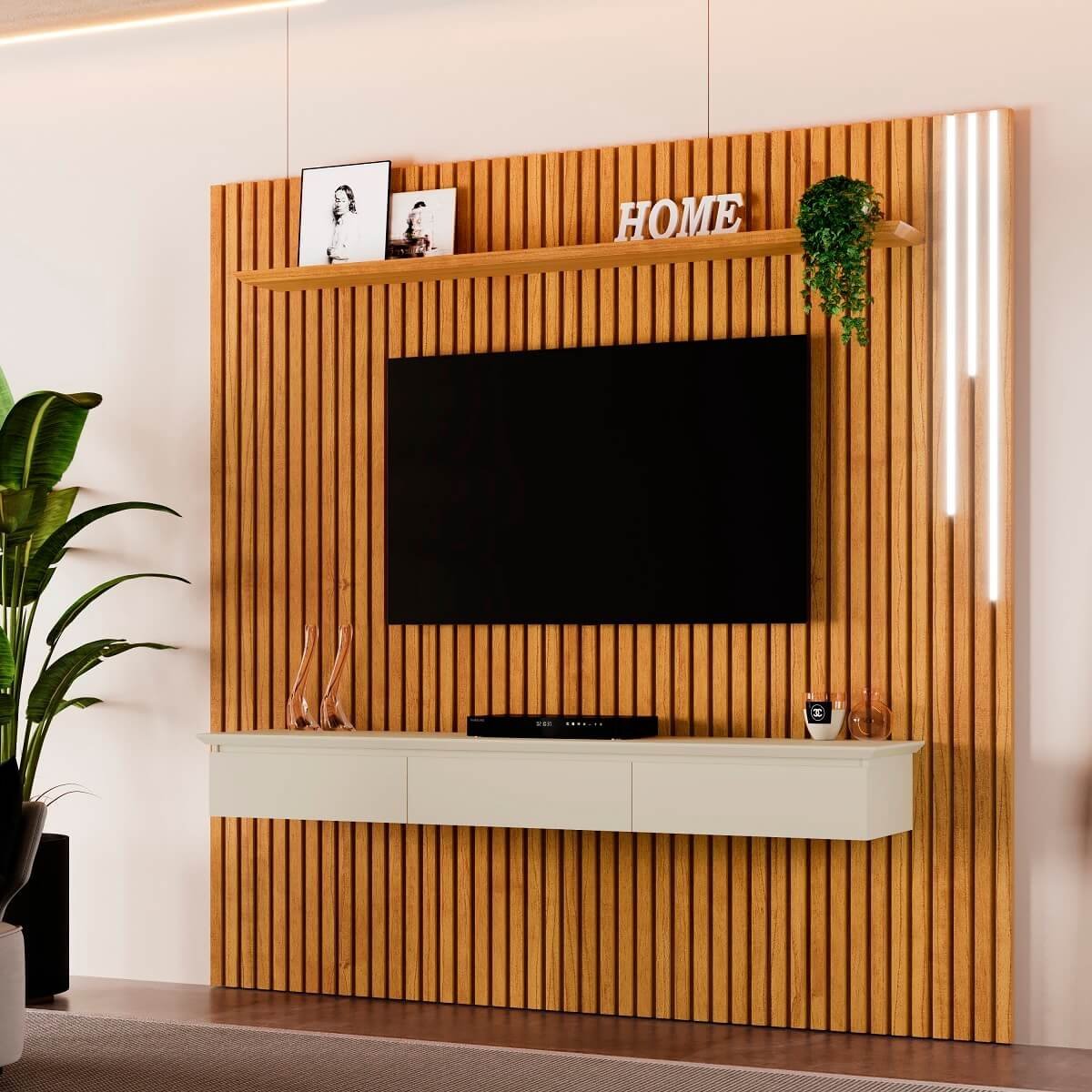 Painel Ripado com Nicho 3 Gavetas Lyon:naturalle/off | MadeiraMadeira