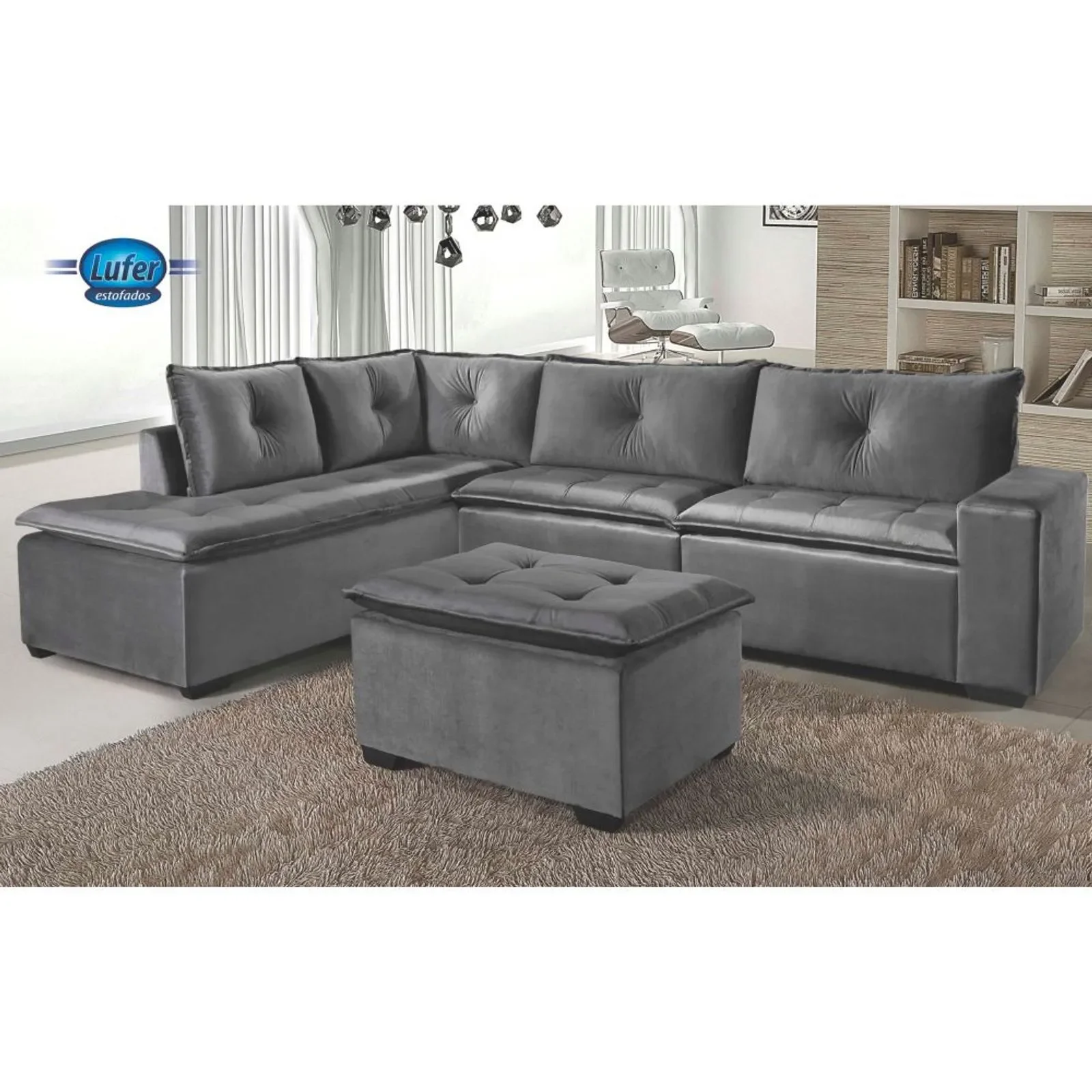 Sofá de Canto Fixo com Chaise e Puff 2,97M 3026 Lufer Estofados Cinza Cestaplus | MadeiraMadeira