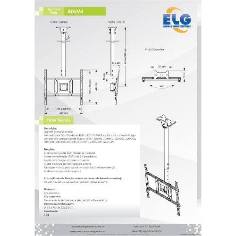 Suporte com Inclinação de Teto para TVs LCD/Led/Plasma/3D de 26 Até 55 ...