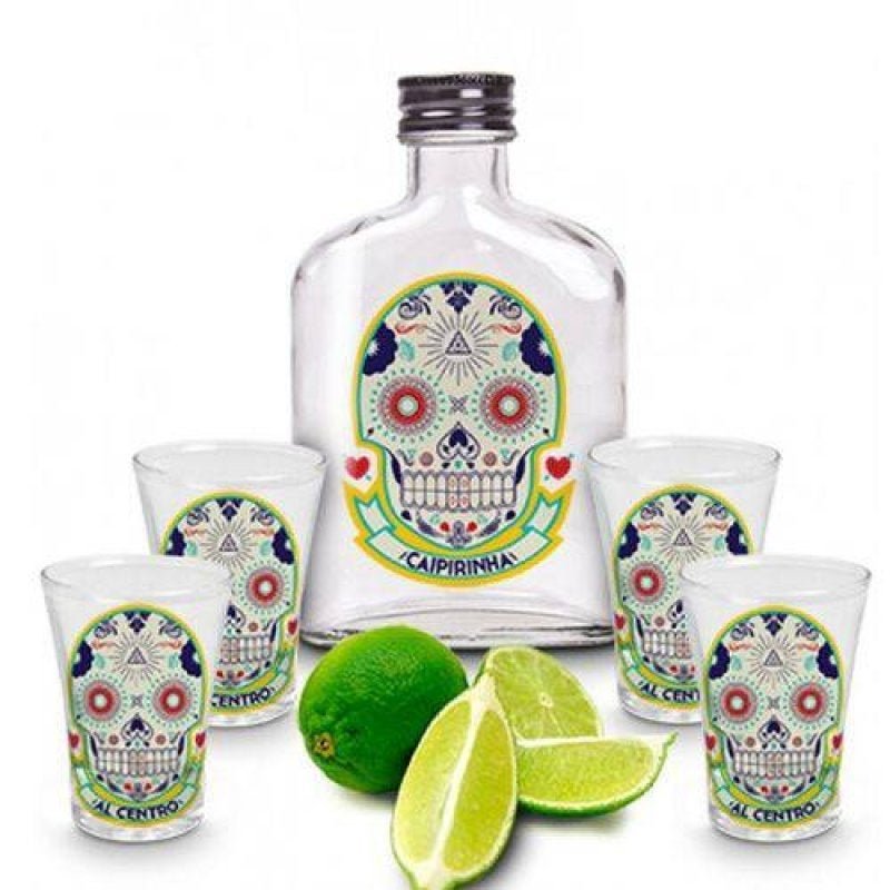 Kit Garrafa E 4 Copos Dose Shot Tequila Caveira Mexicana | MadeiraMadeira