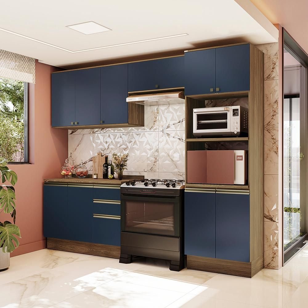 Armário de Cozinha Completa Torre Quente 100% Mdf 270cm Nogueira/azul ...