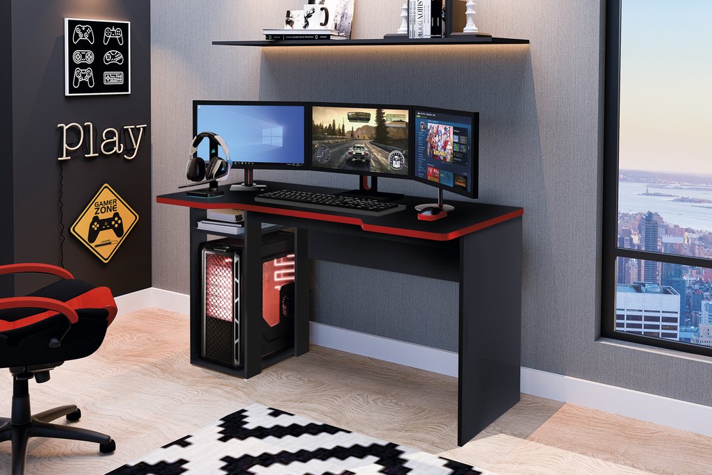 Mesa Gamer War Preto c/ Borda Vermelha | MadeiraMadeira