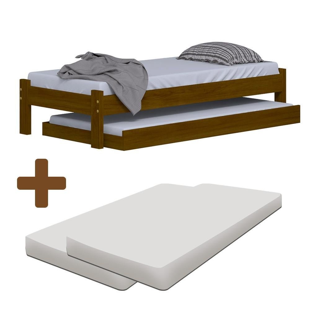 Cama Turca em Madeira Maciça com Auxiliar e 2 Colchões Solteiro Imbuia ...
