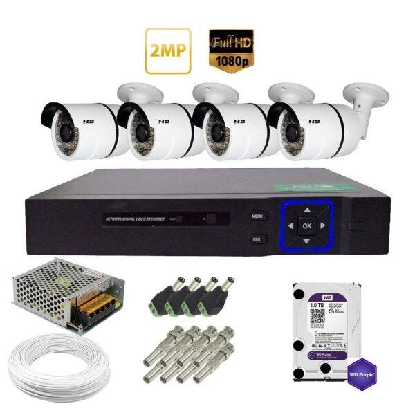 Kit DVR 4 Canais e 4 Câmeras Full HD (1080P/2Mp) e 1 HD de 1Tb e ...