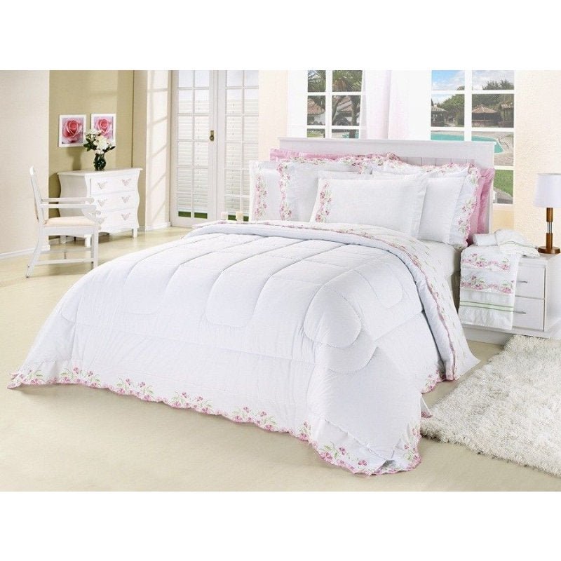 Kit Edredom Queen Emozione Bordado 7 Peças Percal 200 Fios | MadeiraMadeira