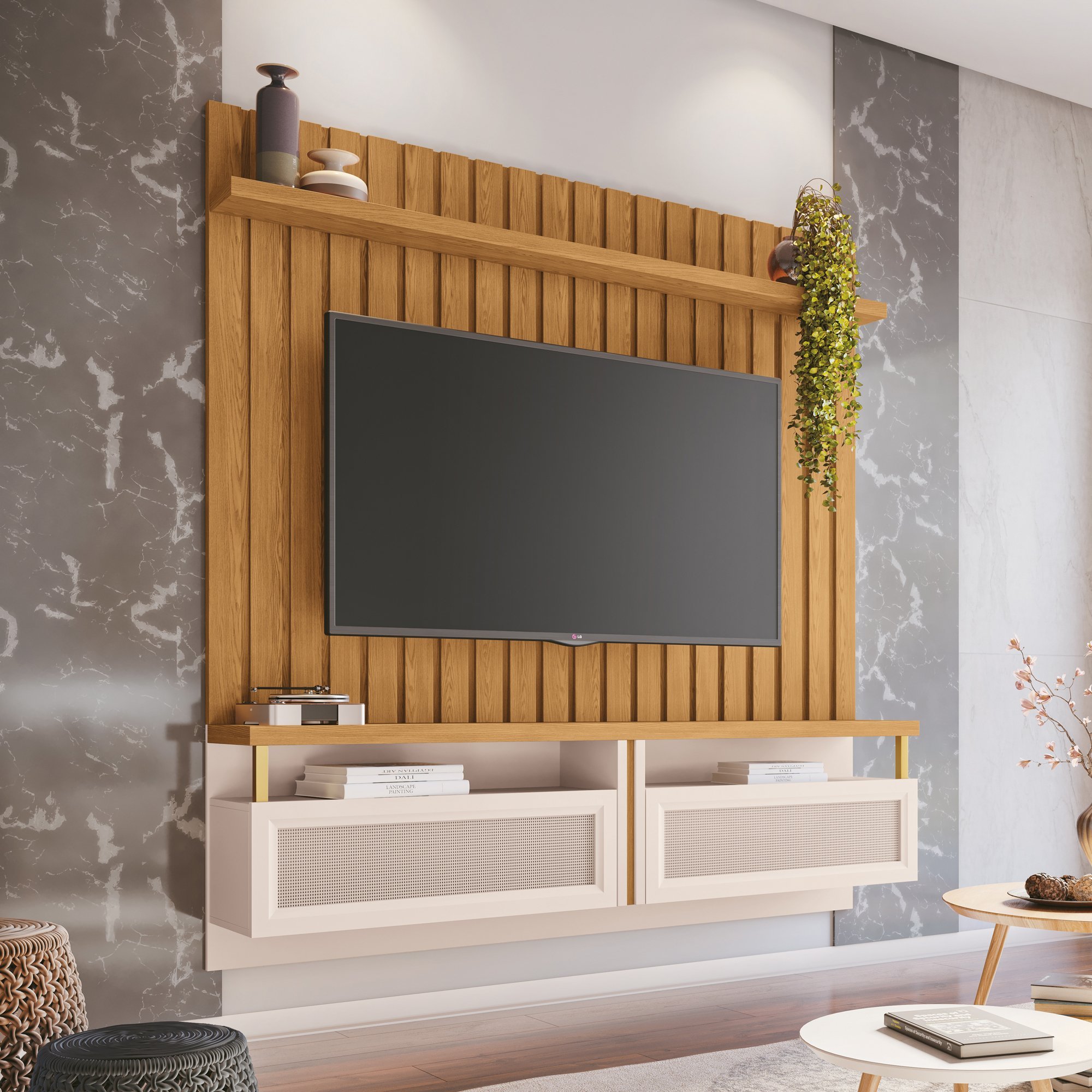 Painel Suspenso 1,80m Atrio para TV 70" Cor Carvalho e Off White HB ...