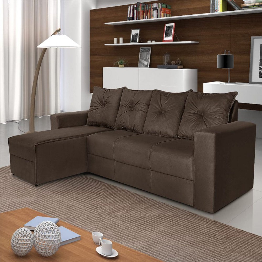 Sofá 3 Lugares Com Chaise Suede Marrom Zinhão | MadeiraMadeira