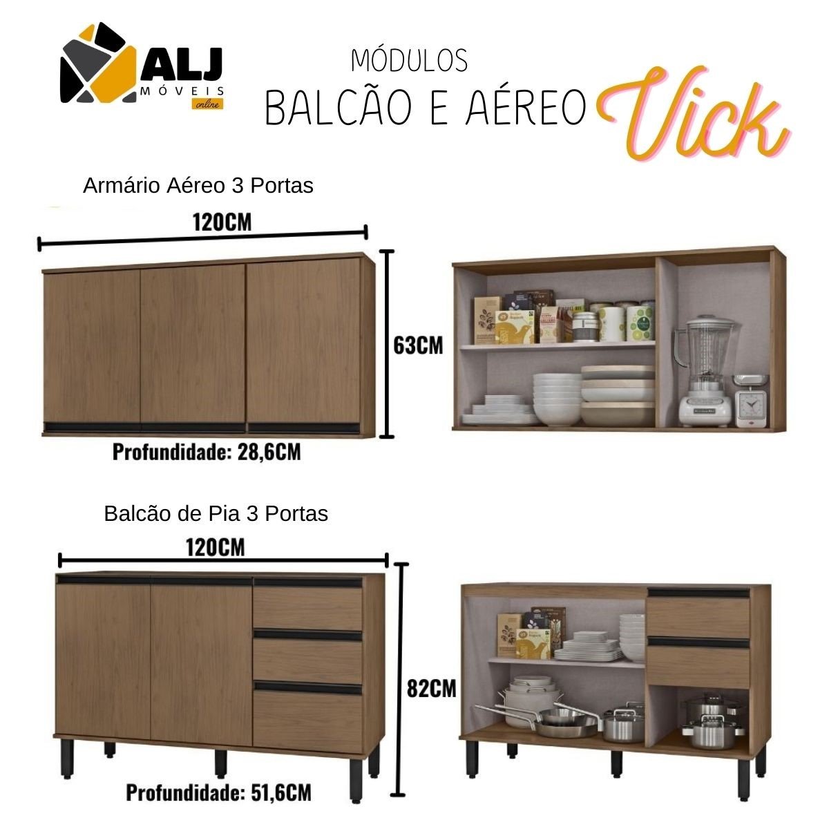 Cozinha Completa Modulada Vick 4 Peças 10 Portas e 2 Gavetas Nogal ...