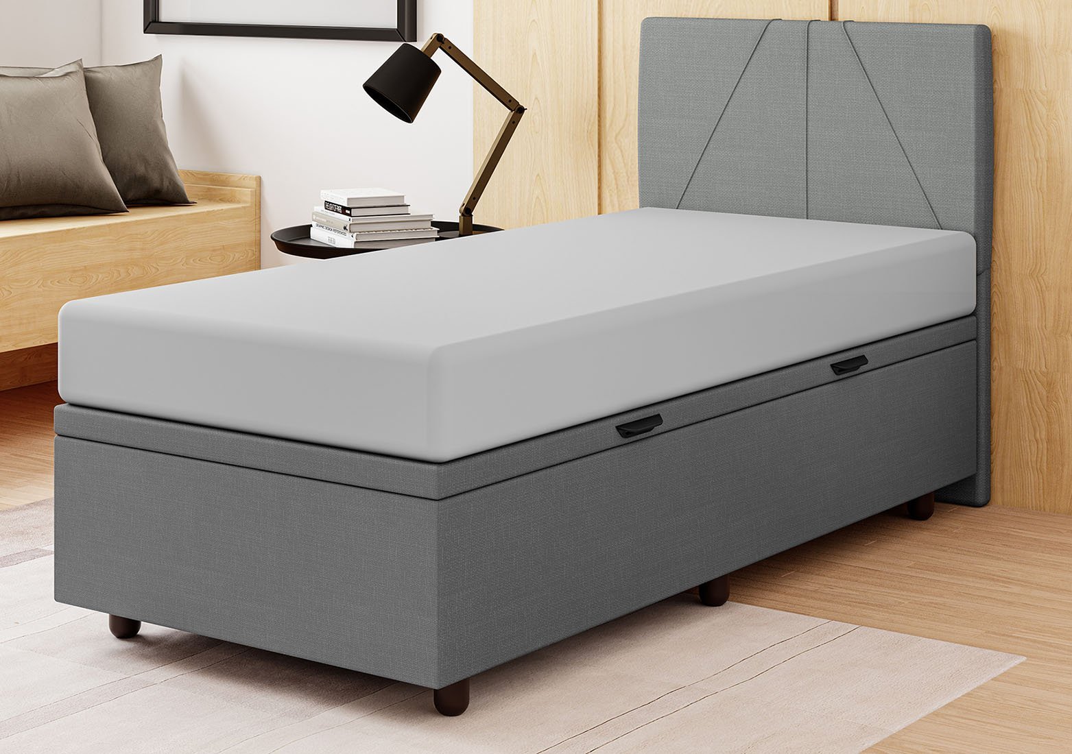 Base Cama Box Baú Solteiro Linho Cinza SkyBox | MadeiraMadeira