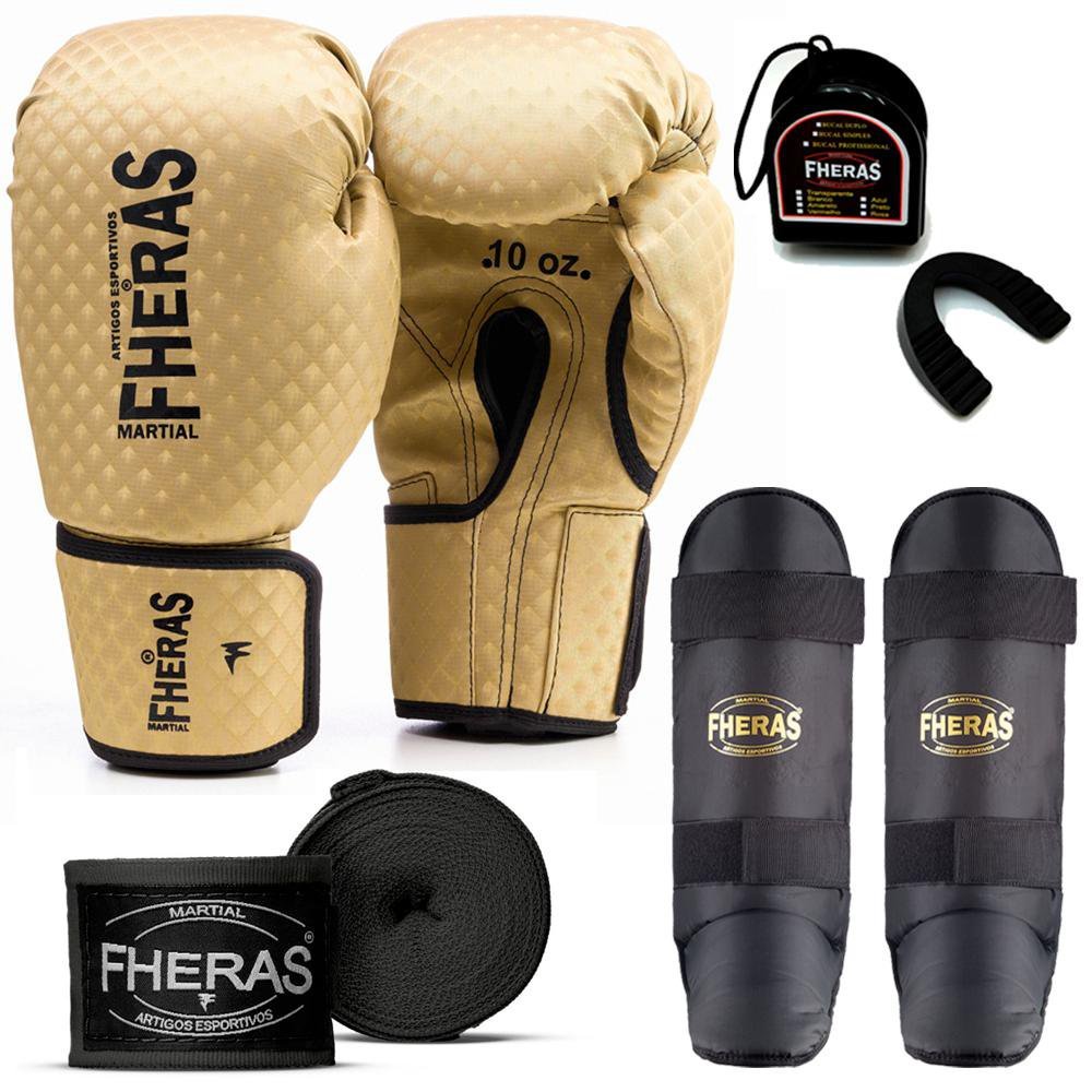 Kit Boxe Muai Thay / Kickboxing Prisma Fheras 12 Oz Dourado ...