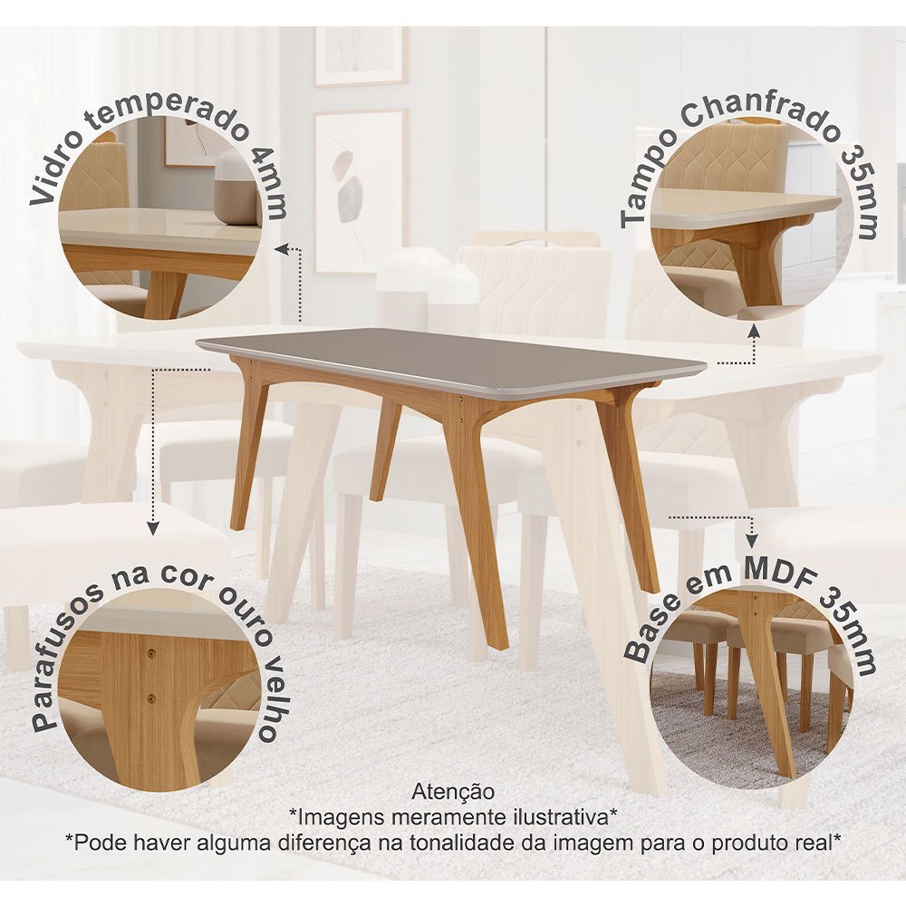 Conjunto Sala de Jantar Mesa Selena 180 cm com 6 Cadeiras Paola Cimol Nature/Off White/Chumbo ...