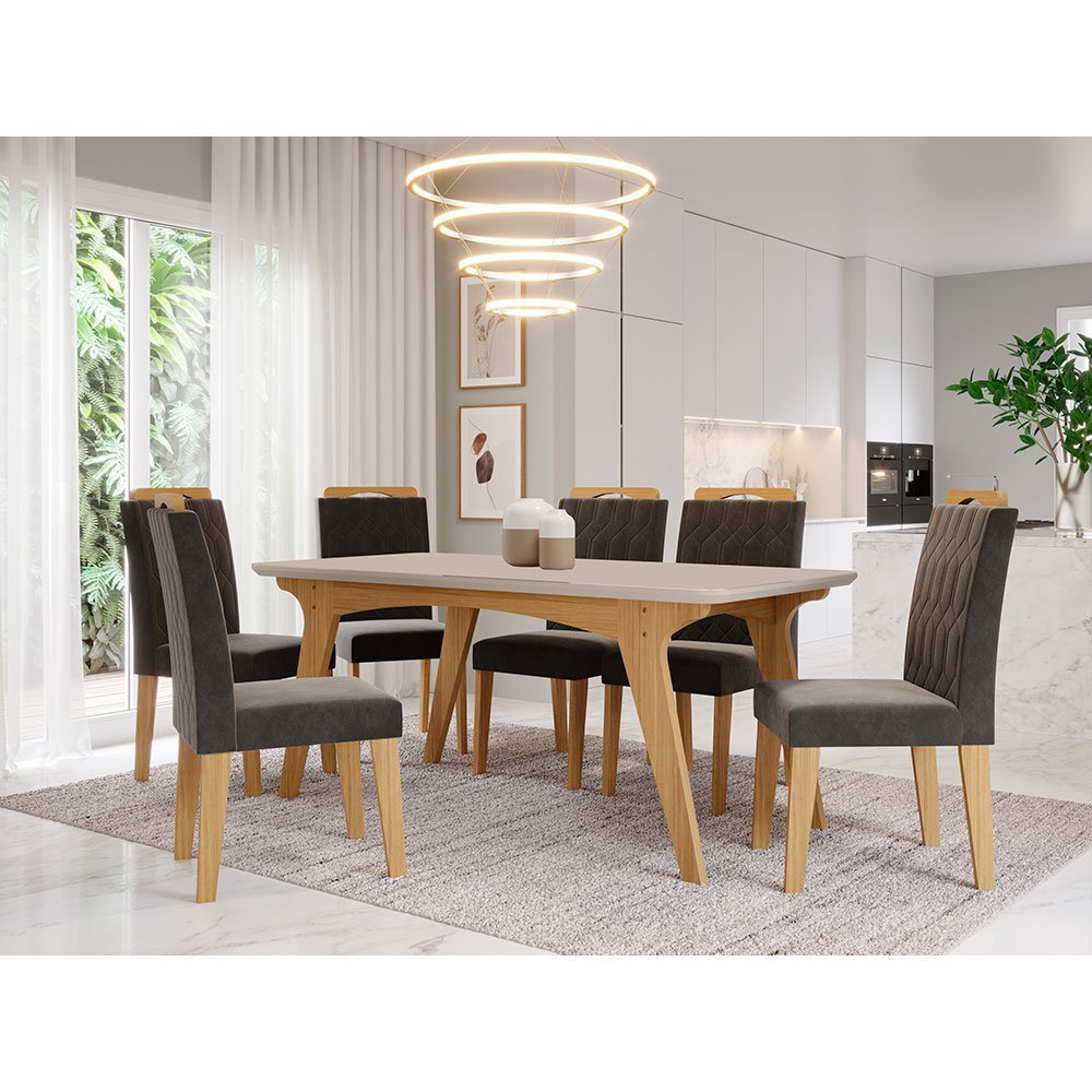 Conjunto Sala de Jantar Mesa Selena 180 cm com 6 Cadeiras Paola Cimol Nature/Off White/Chumbo ...