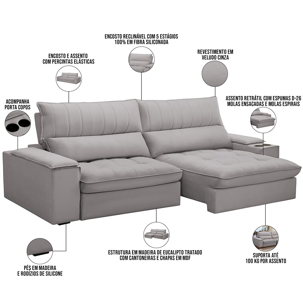 Sofá Retrátil Reclinável para Sala de Estar Living 280cm Nápoles F04 ...