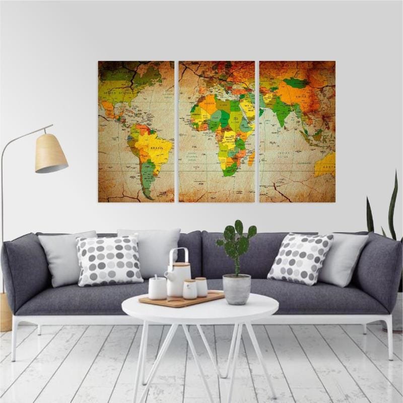 Quadro Mapa Mundi Vintage Sala Escritório Mosaico 3 Peças | MadeiraMadeira