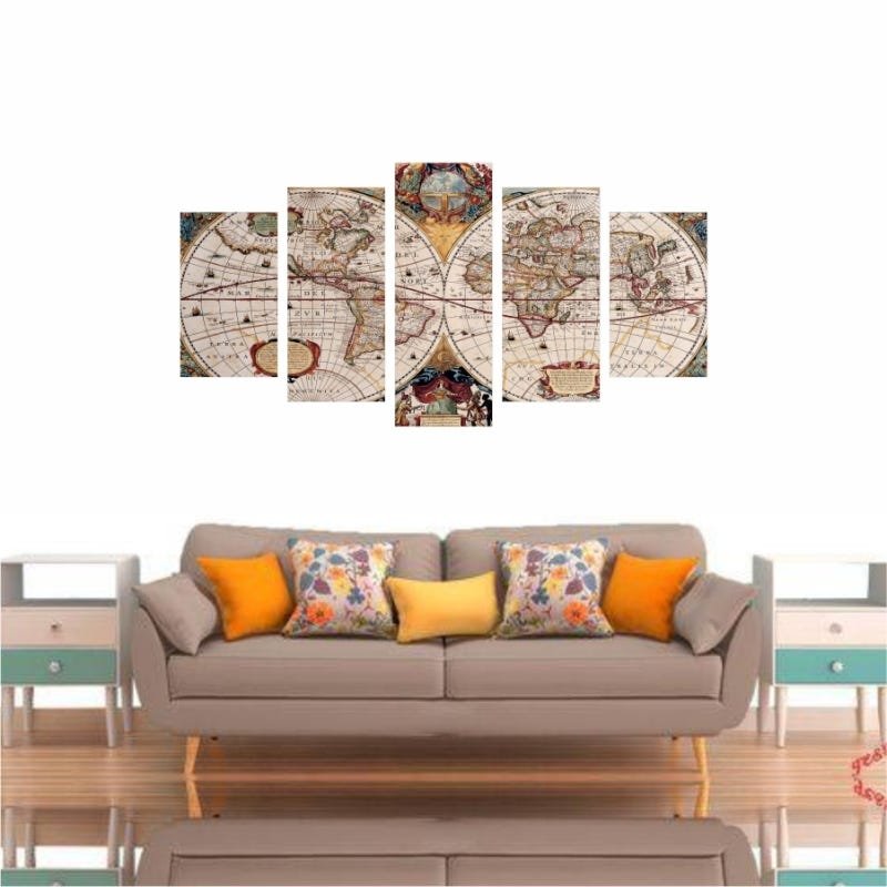 Quadro Mapa Mundi retro antigo marron 5 peças 114x65cm | MadeiraMadeira