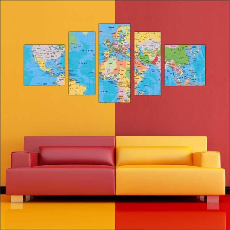 Quadro Decorativo Mapa Mundo Continentes Países 5 Peças 01 | MadeiraMadeira
