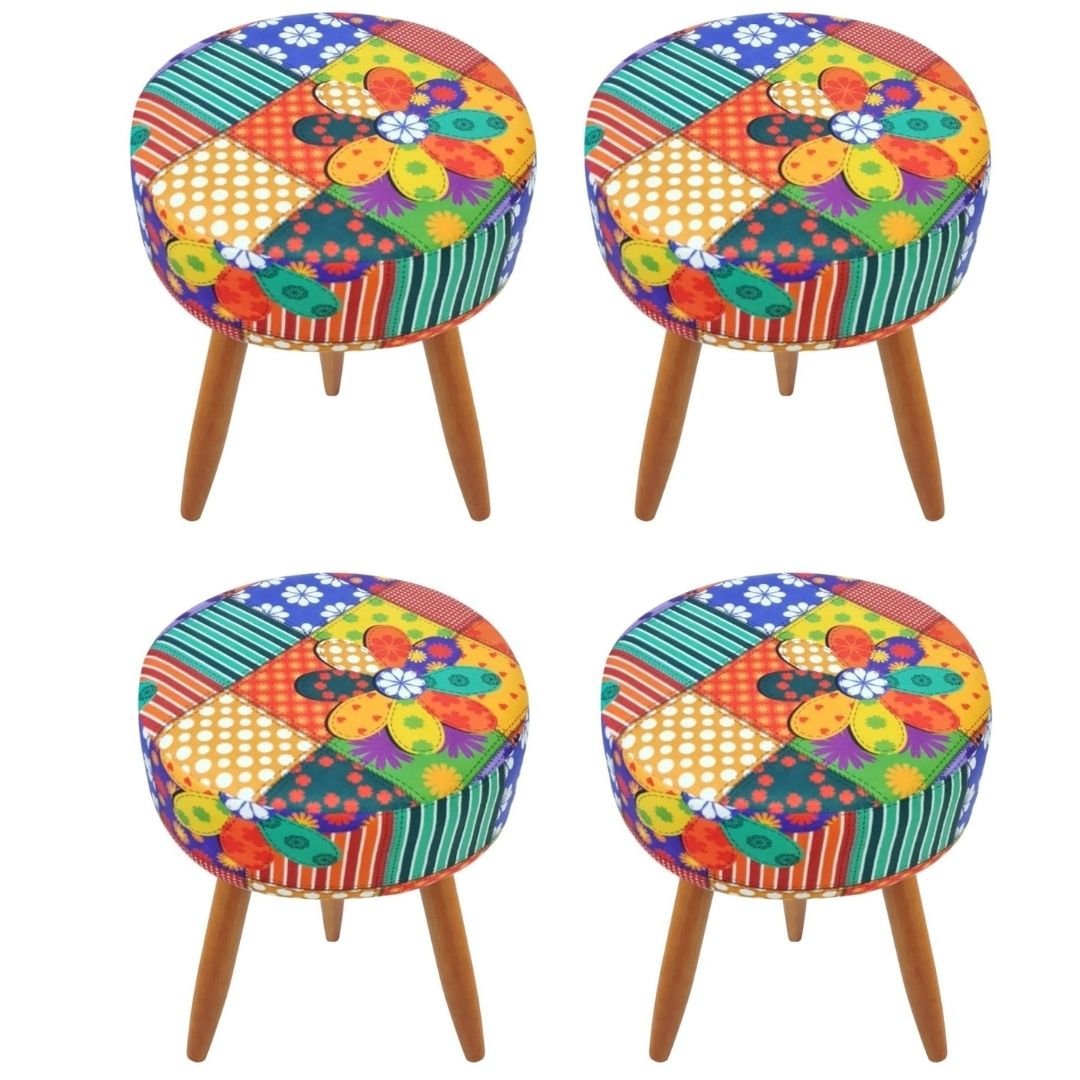 Combo 4 Puffs decorativos redondo pé palito-tecido patchwork ...