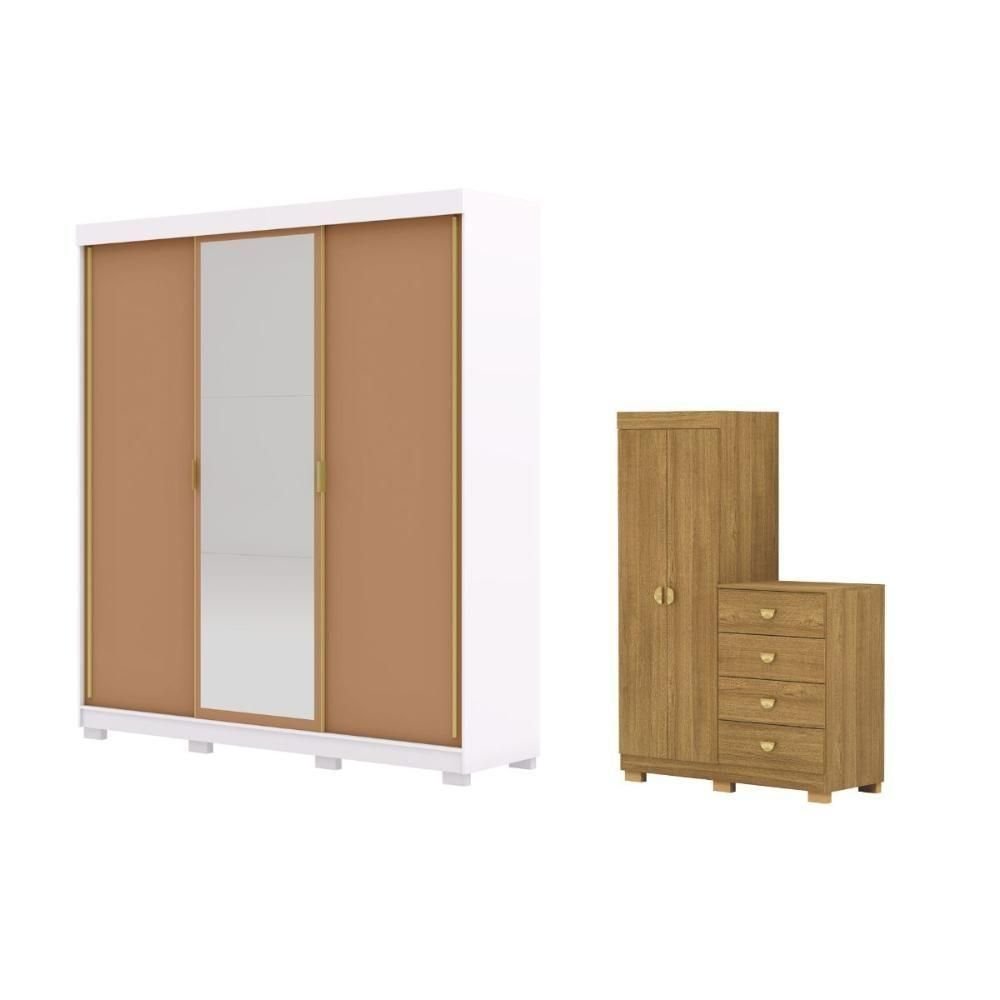 Kit Guarda Roupa Espelho e Cômoda Perú Branco Camarim Nature ...