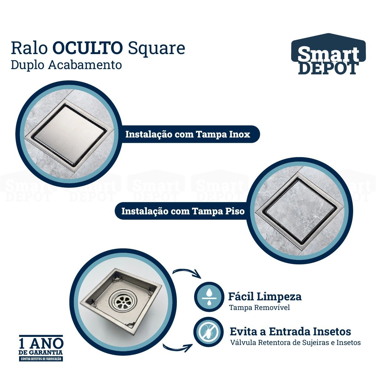 Ralo Oculto Inox Square Escovado com Borda 11x11cm Smart Depot Ralo ...
