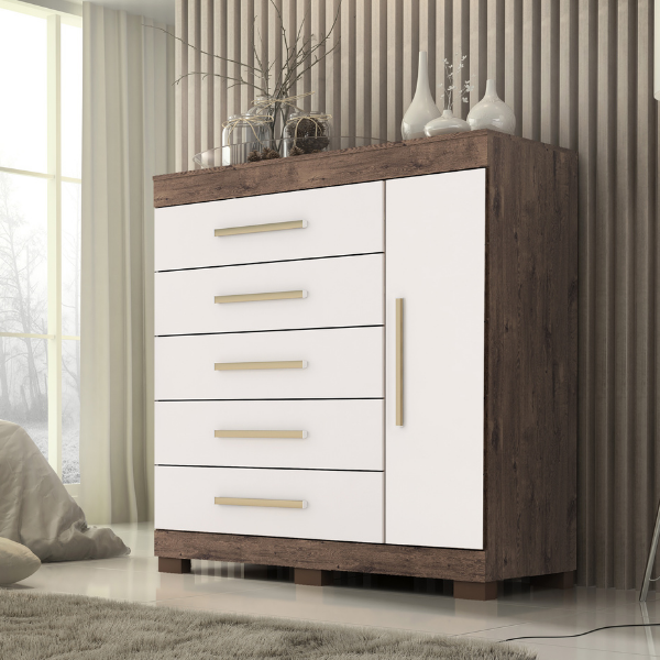 Cômoda Rayane 5gav C/Sapateira Café Off White ACP Móveis 100%MDF ...