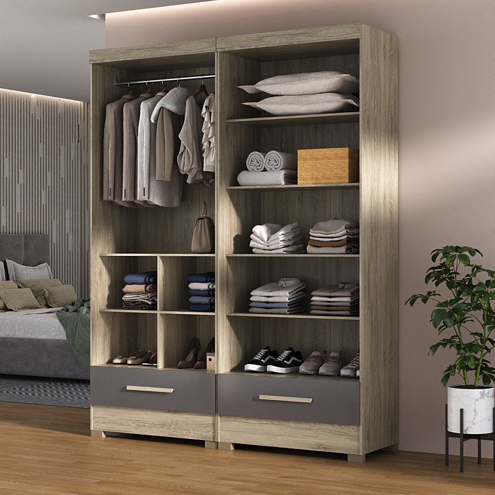 Closet Modulado Abel 2 Gavetas Carvalho/Cinza - Moville | MadeiraMadeira