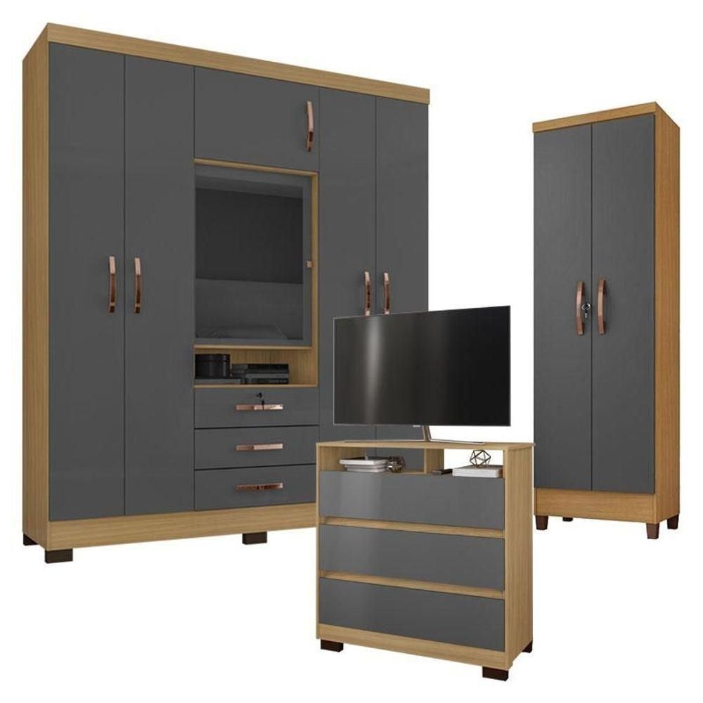 Guarda Roupa Casal Imperial com Cômoda Texas e Armário Multiuso Egito Carvalho Americano Grafite ...