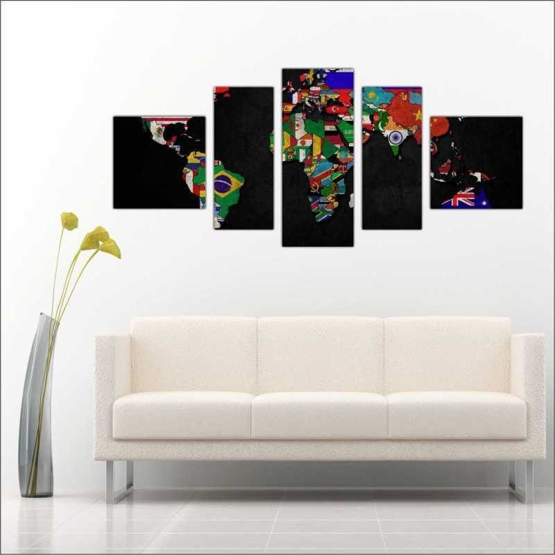 Quadro Decorativo Mapa Mundo Continentes Países 5 Peças 04 | MadeiraMadeira