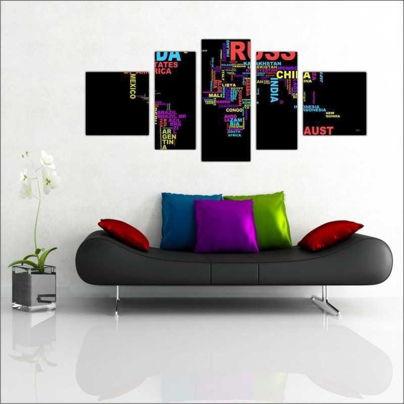 Quadro Decorativo Mapa Mundo Continentes Países 5 Peças 05 | MadeiraMadeira