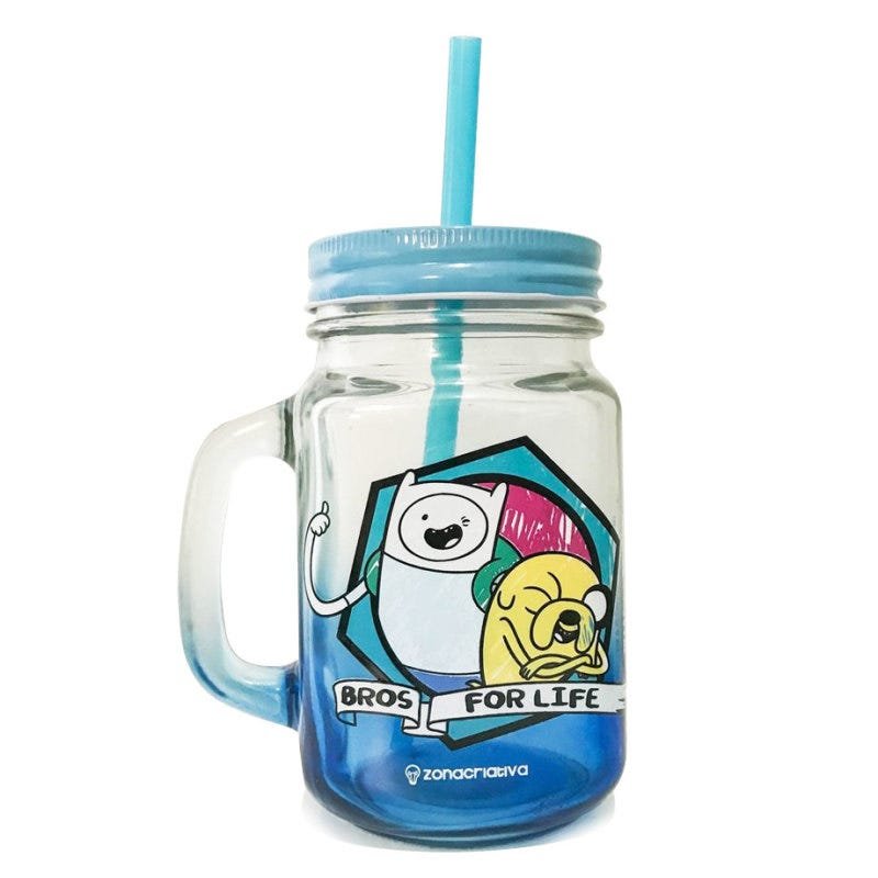 Caneca Jarra Canudo Vidro Finn e Jake Hora de Aventura | MadeiraMadeira