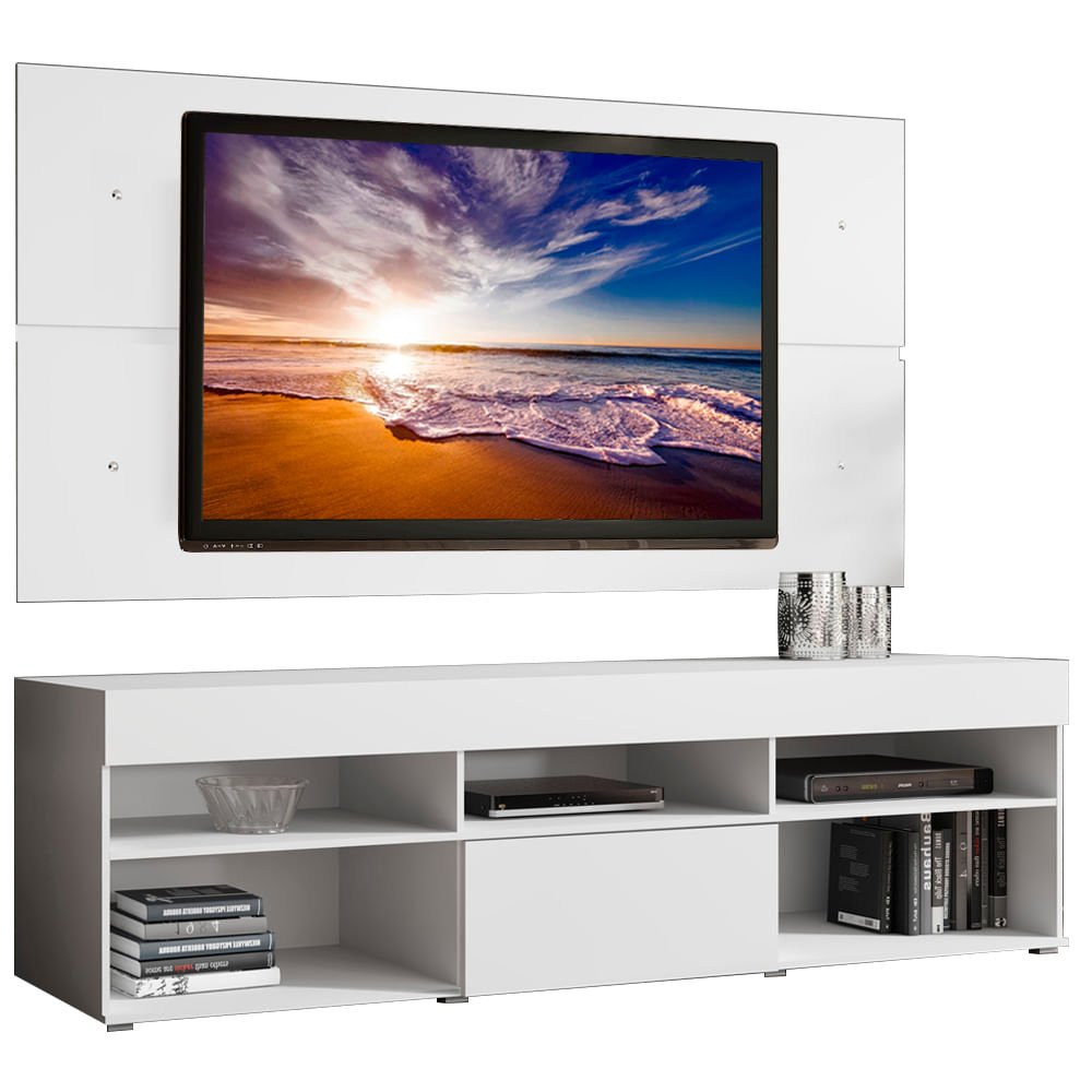Rack com Painel para TV até 65 Polegadas Madesa Miami 1 Porta Branco Cor:Branco | MadeiraMadeira