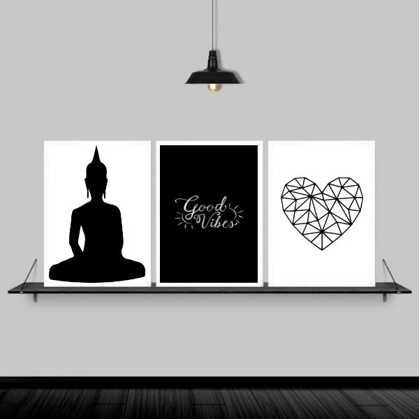 Kit 3 Quadros Zen Buda Good Vibes 45x34cm:Madeira branca | MadeiraMadeira