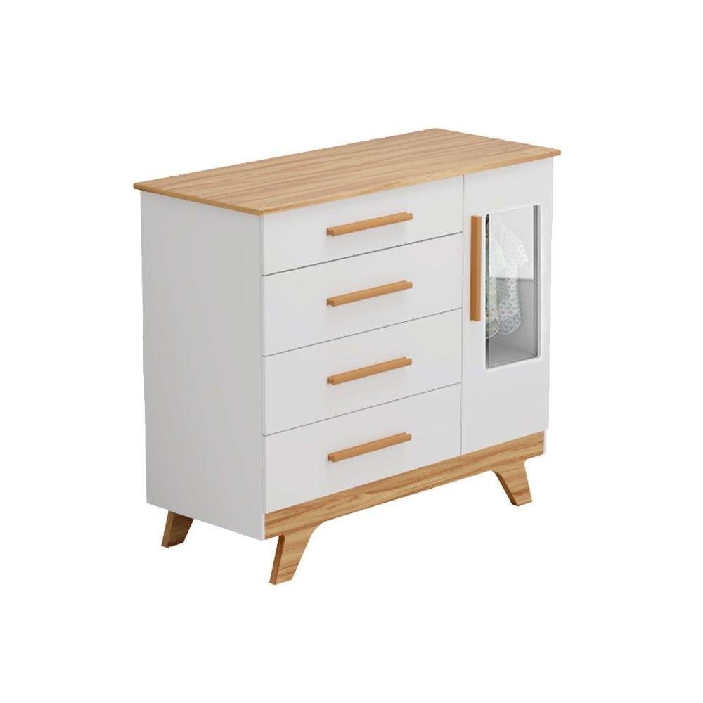 Cômoda Infantil Retrô C/ 1 Porta Cristal e 4 Gavetas Branco/amendoa - Peroba | MadeiraMadeira