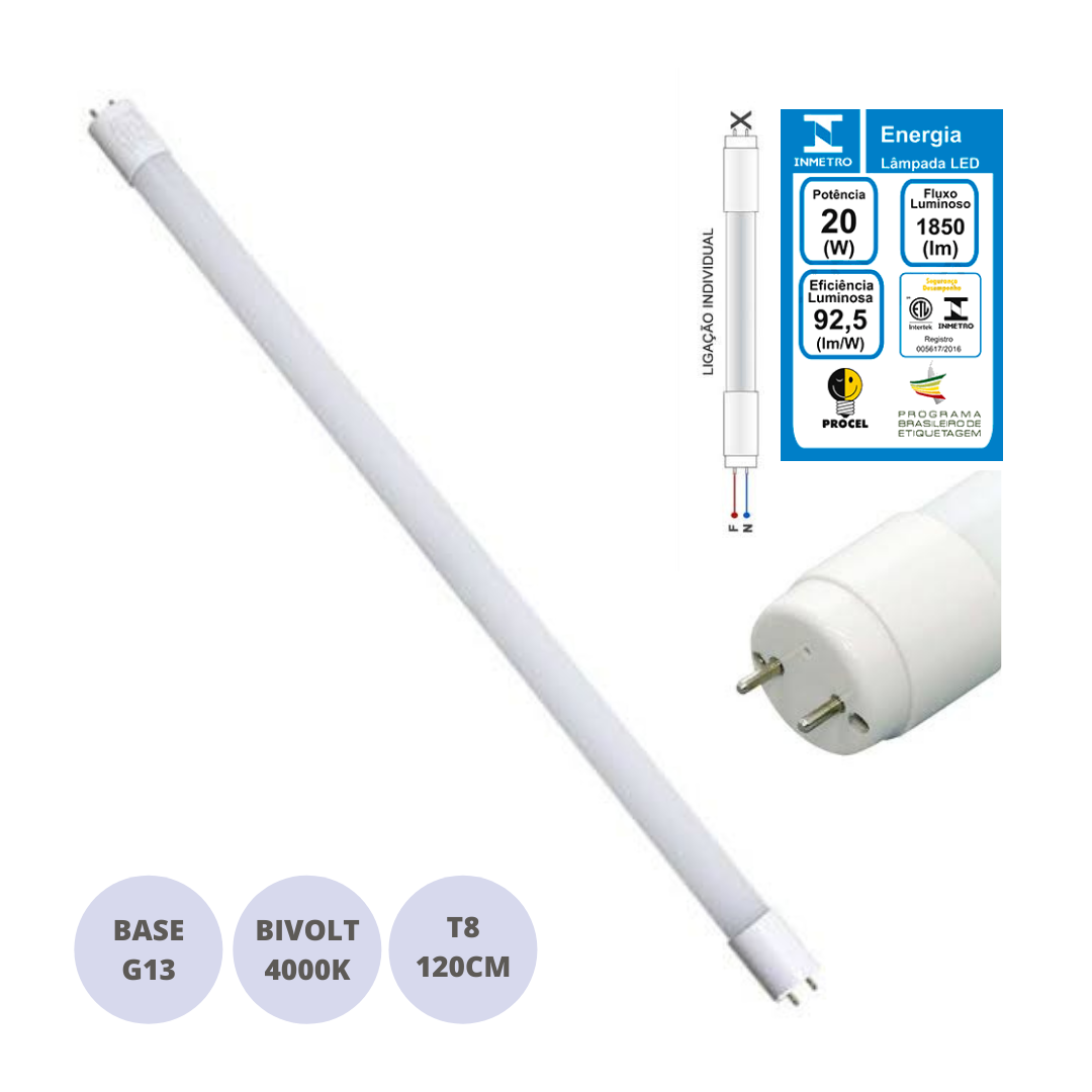 Lampada Led 20w Tubular T8 120cm Inmetro Branco Neutro 4000k Bivolt | MadeiraMadeira