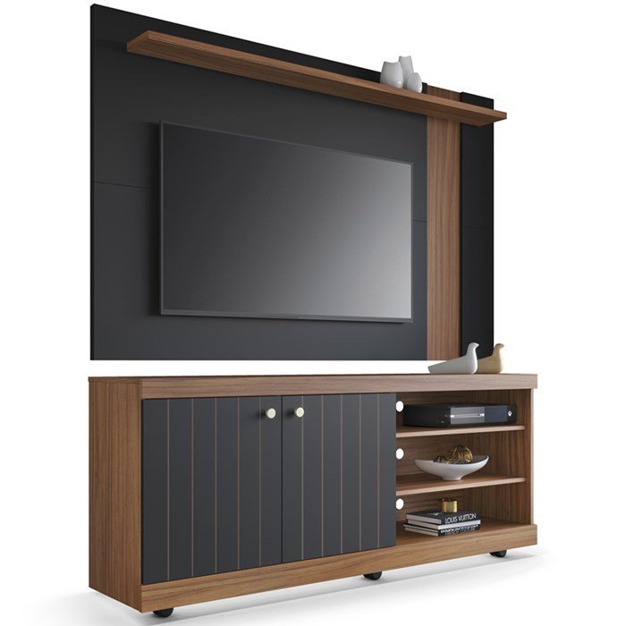 Rack Floripa e Painel Leme Para TV 70 Polegadas Noce Milano Preto CLB | MadeiraMadeira