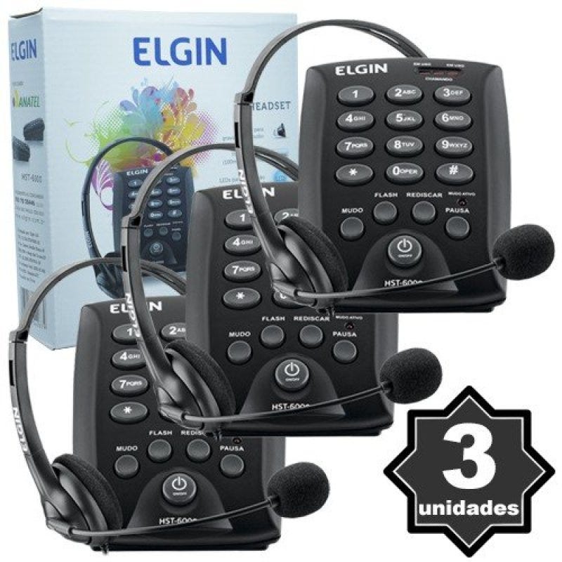 Kit 3 Telefones Headset com Base Discadora Teclado Elgin Hst 6000 ...