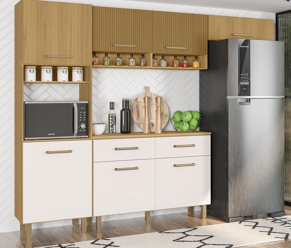 Cozinha Compacta Maia com Balcão 120m com Tampo Mdp - Freijó Uv Ripado ...