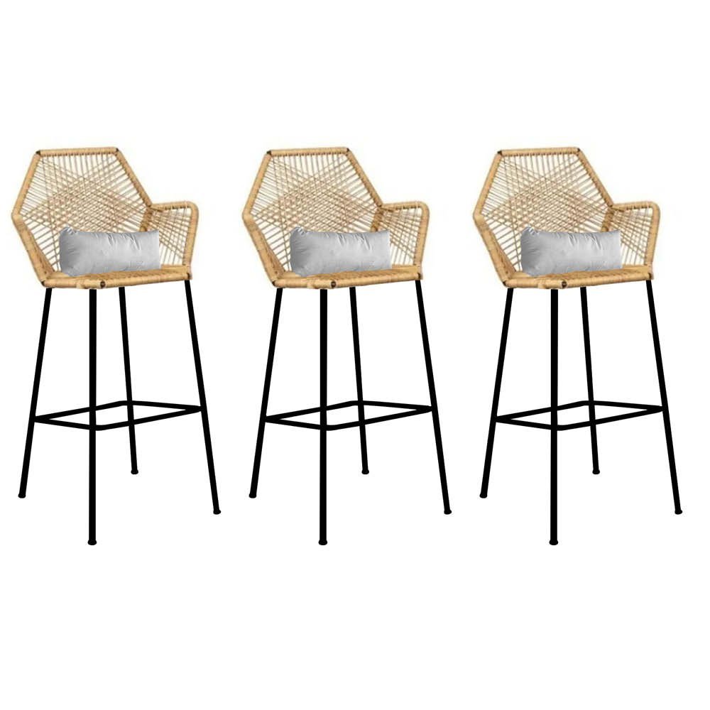 Kit 03 Banqueta Alta Com Encosto Sttar Balcão Ferro Preto Fibra Palha ...
