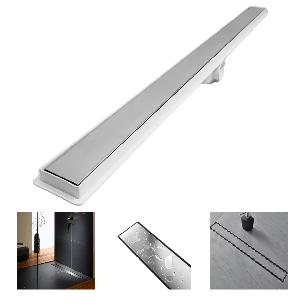 Ralo Linear 1 metro x 5cm Invisível Banheiro Inox Oculto 2 em 1 Coletor Branco Saídas 40mm com ...
