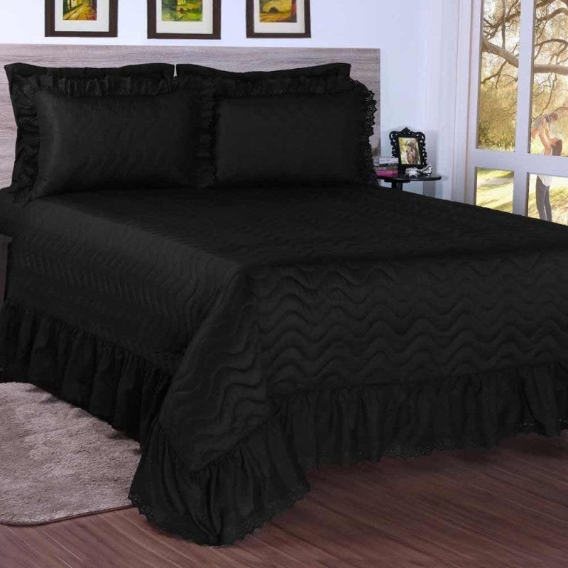 Colcha Queen Romântica 03 Peças com Bordado Ultrassônico - Cor Preto ...