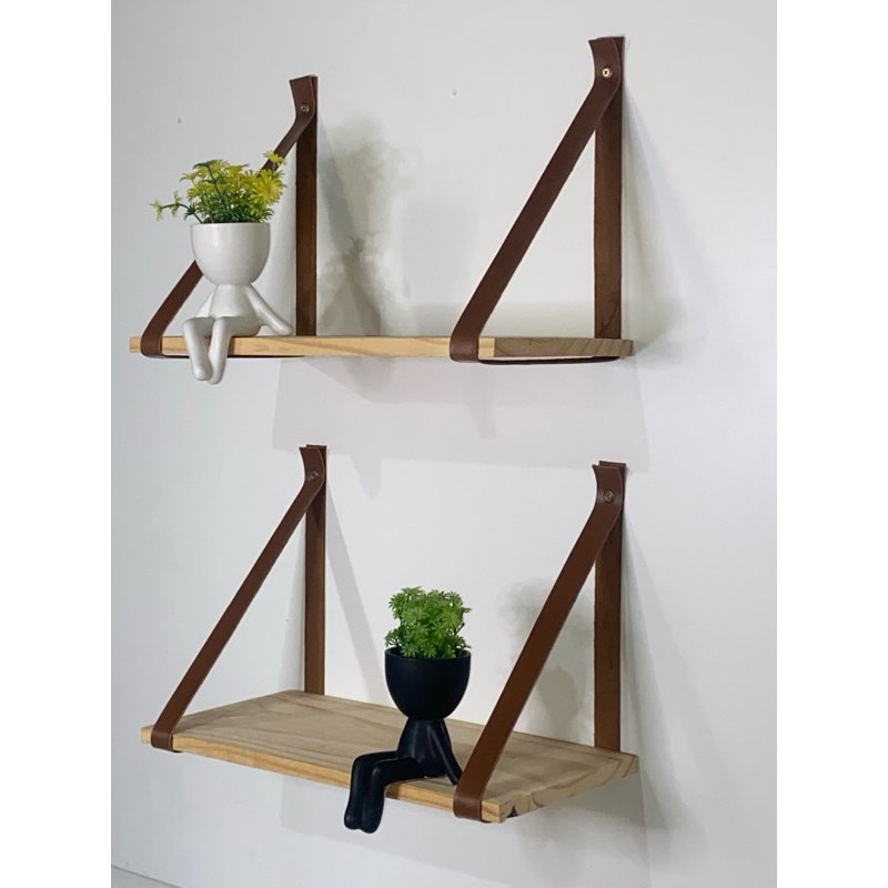 Kit 3 Prateleiras de Pinus - Alça de Couro 40 X19cm:caramelo ...