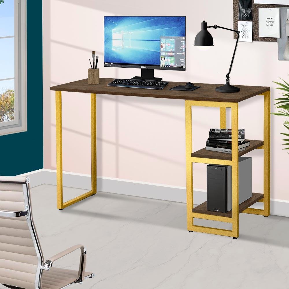 Mesa de Computador Pequena em Aço 1,20 com Prateleiras Imbuia Dourado ...
