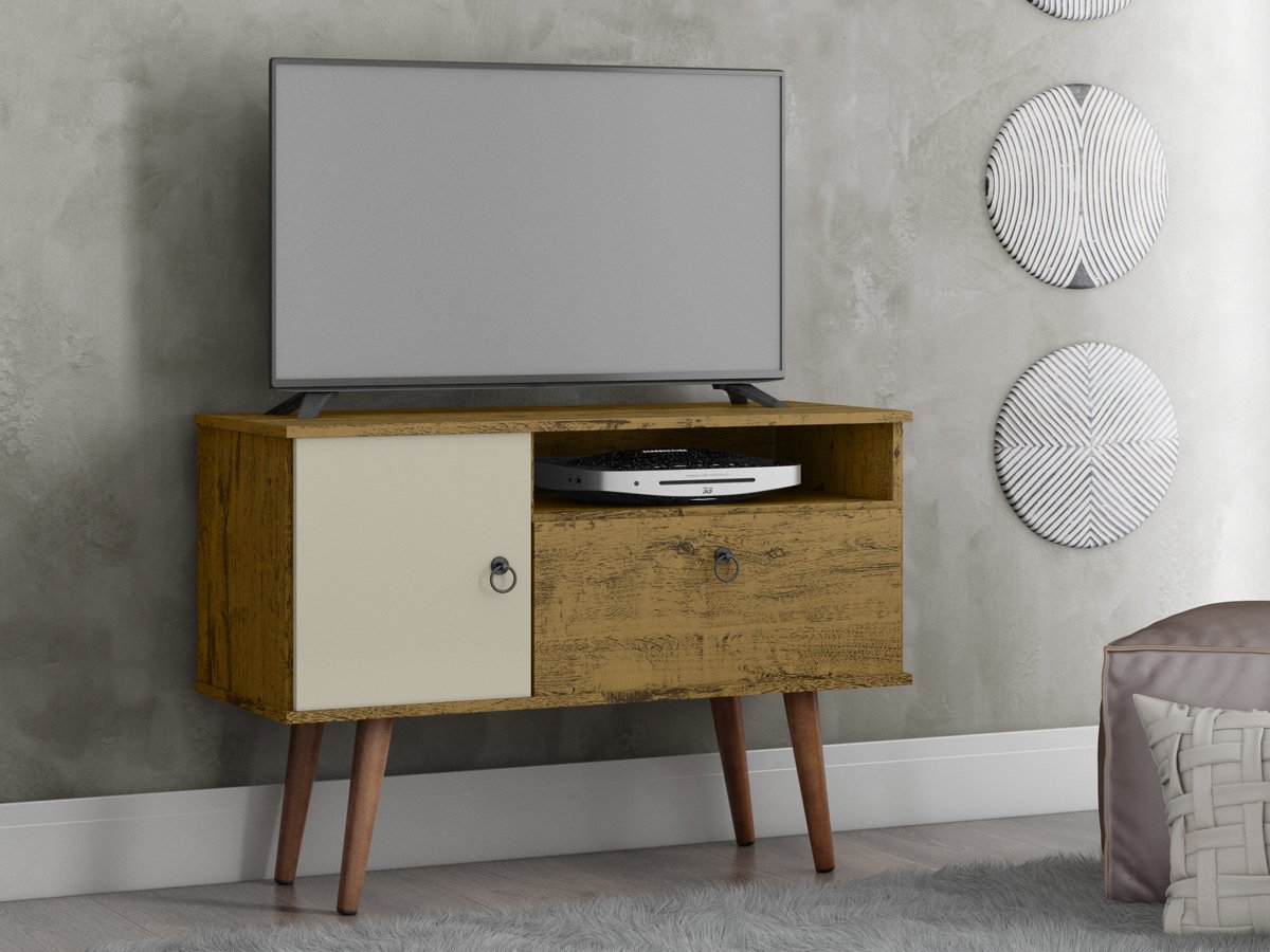 Rack Para TV 32 Polegadas Retrô com 2 Portas e Divisórias - Nature com Off White | MadeiraMadeira