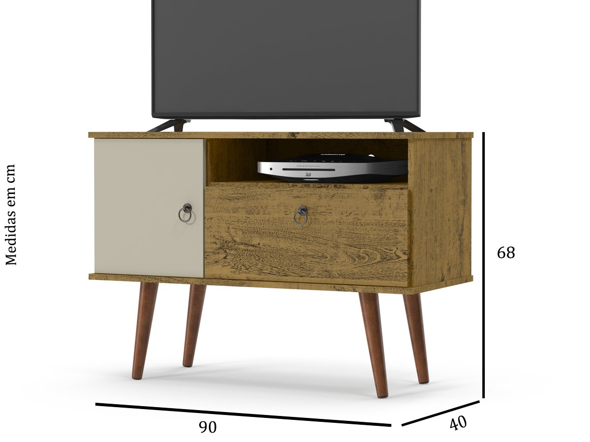 Rack Para TV 32 Polegadas Retrô com 2 Portas e Divisórias - Nature com Off White | MadeiraMadeira