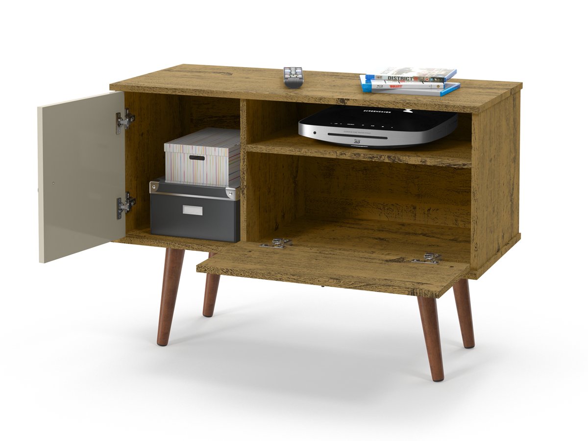 Rack Para TV 32 Polegadas Retrô com 2 Portas e Divisórias - Nature com Off White | MadeiraMadeira