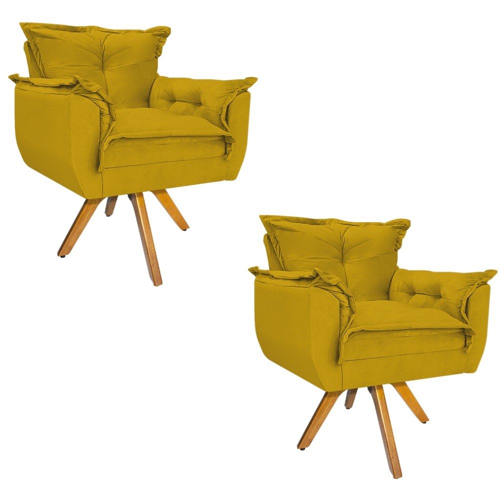 Kit 2 Poltronas Opala Base Giratória de Madeira Suede Amarelo ...