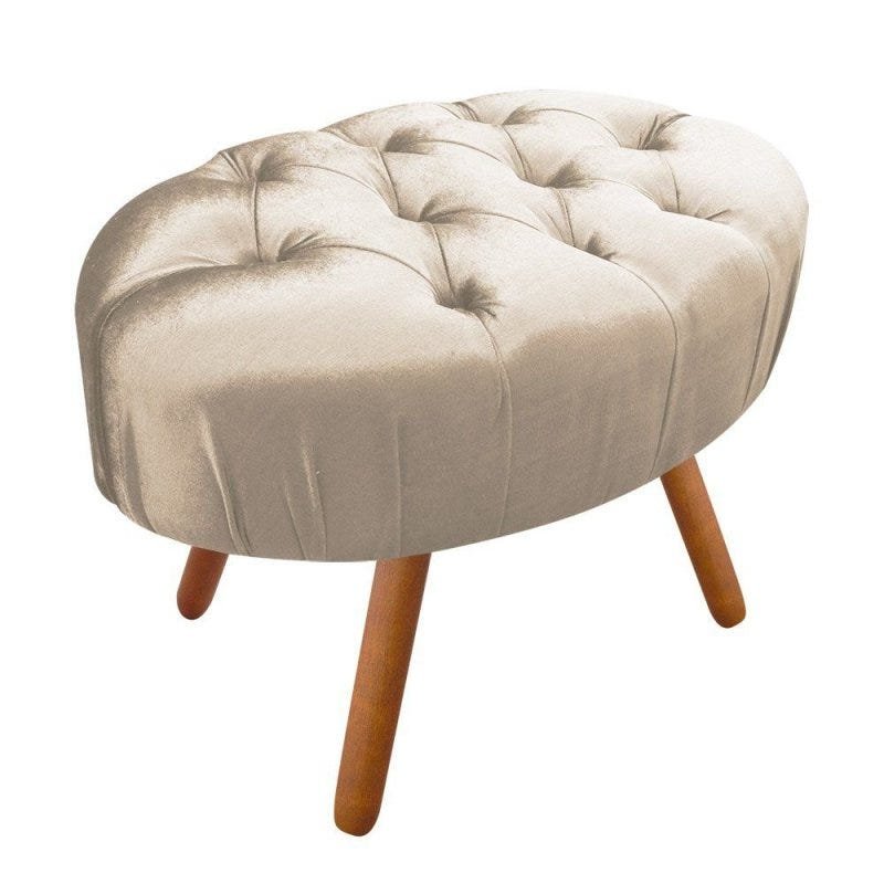 Puff Classic Oval Pés Palito Capitonê Acetinado Bege | MadeiraMadeira