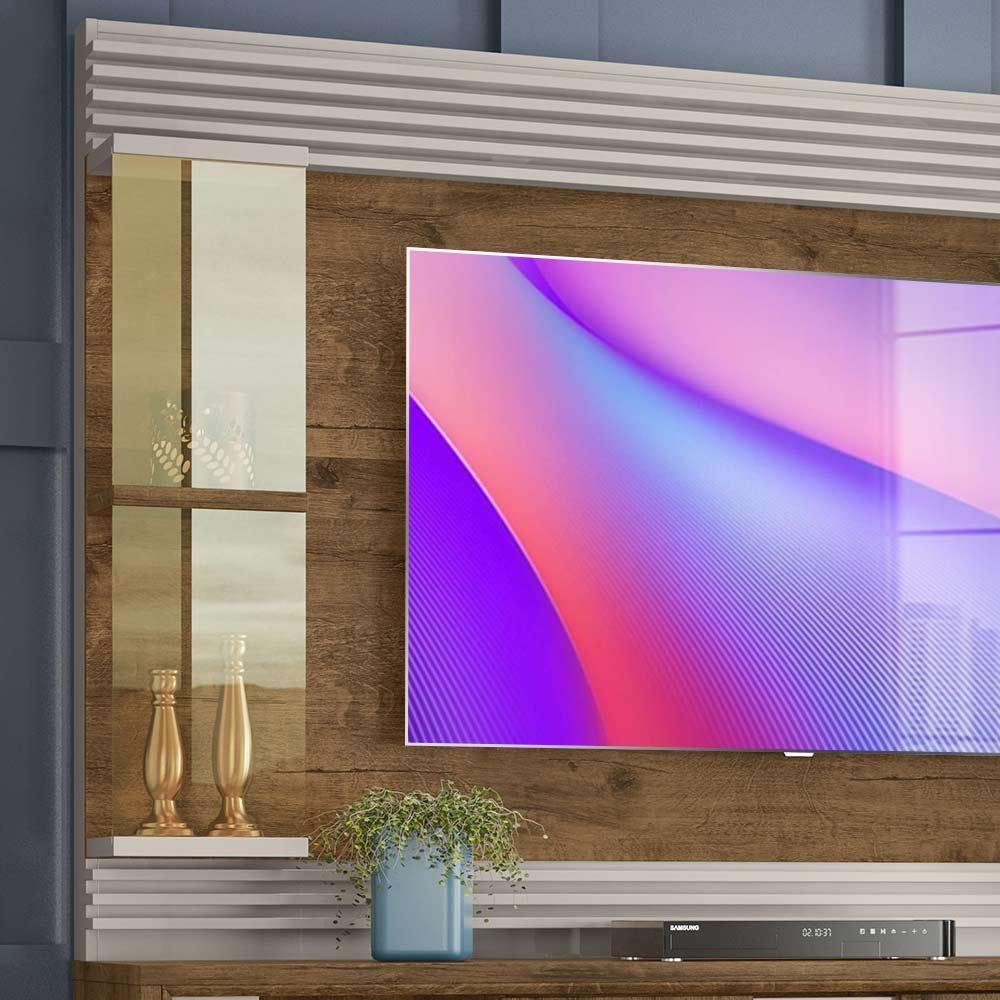 Painel Com Rack Ripado TV 55 Polegadas Madero Canela Off White Lukaliam ...