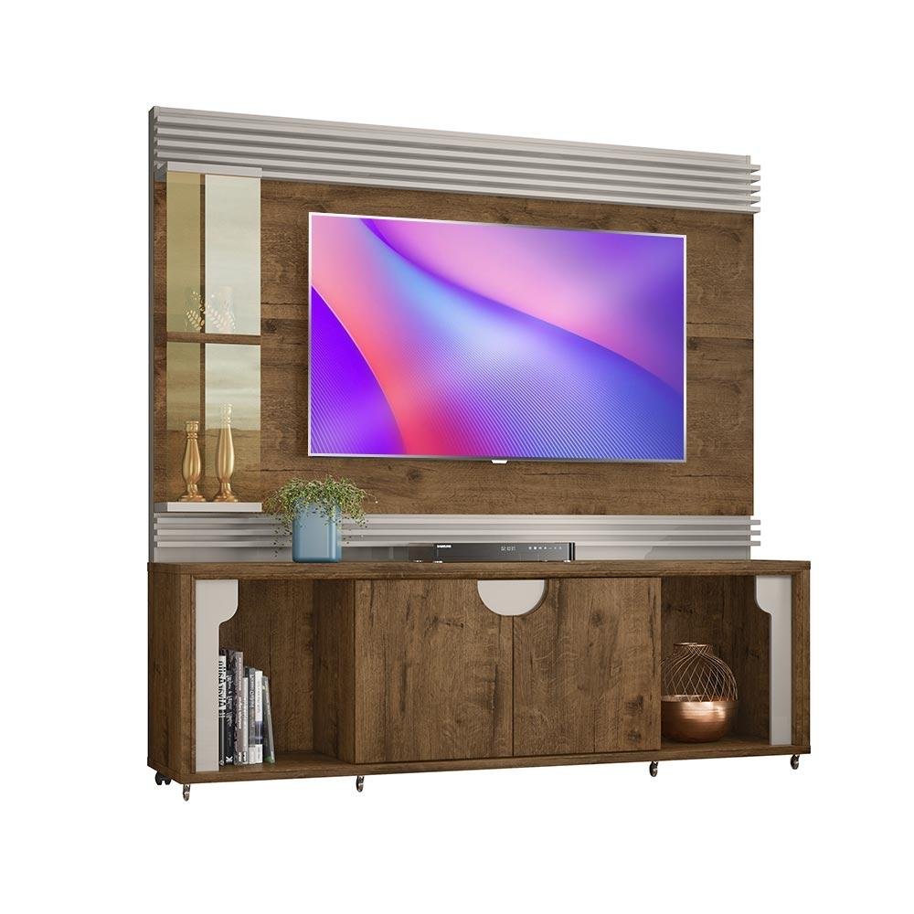 Painel Com Rack Ripado TV 55 Polegadas Madero Canela Off White Lukaliam ...